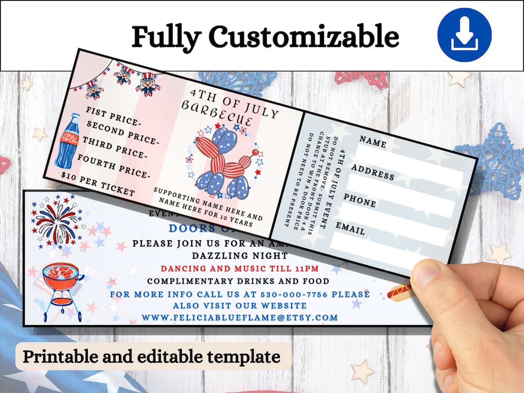 4th of July Ticket, Editable Template Ticket, Diy Ticket, Custom Ticket ...