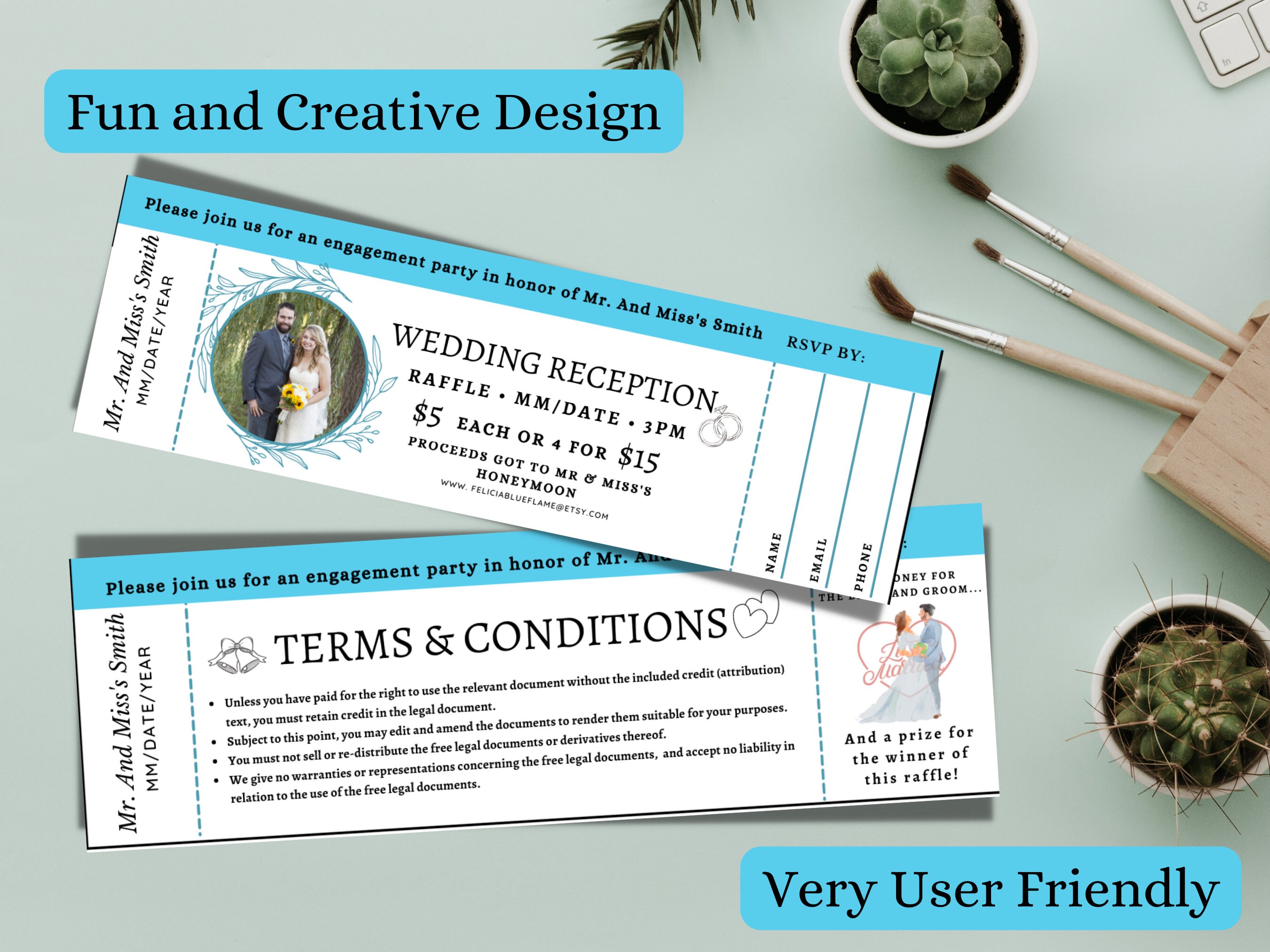 Blue Wedding Ticket, Blank Editable Raffle Template Ticket, Diy Ticket ...