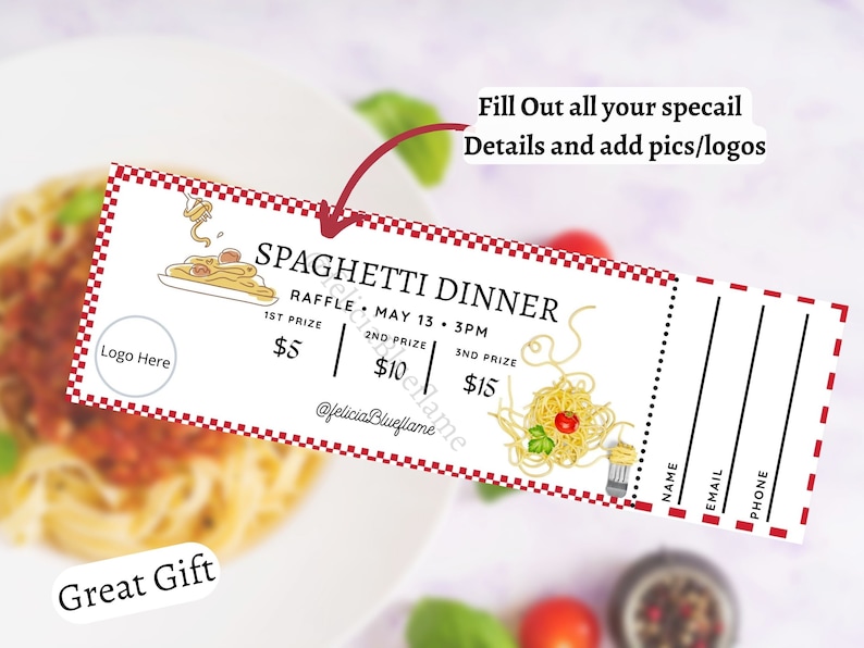 Spaghetti Dinner Raffle Ticket Template: Editable DIY (digital Download ...