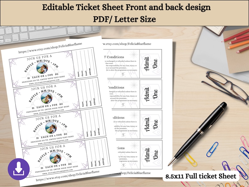 Purple, Black and White Ticket, Adventure Ticket, Blank Raffle Template ...