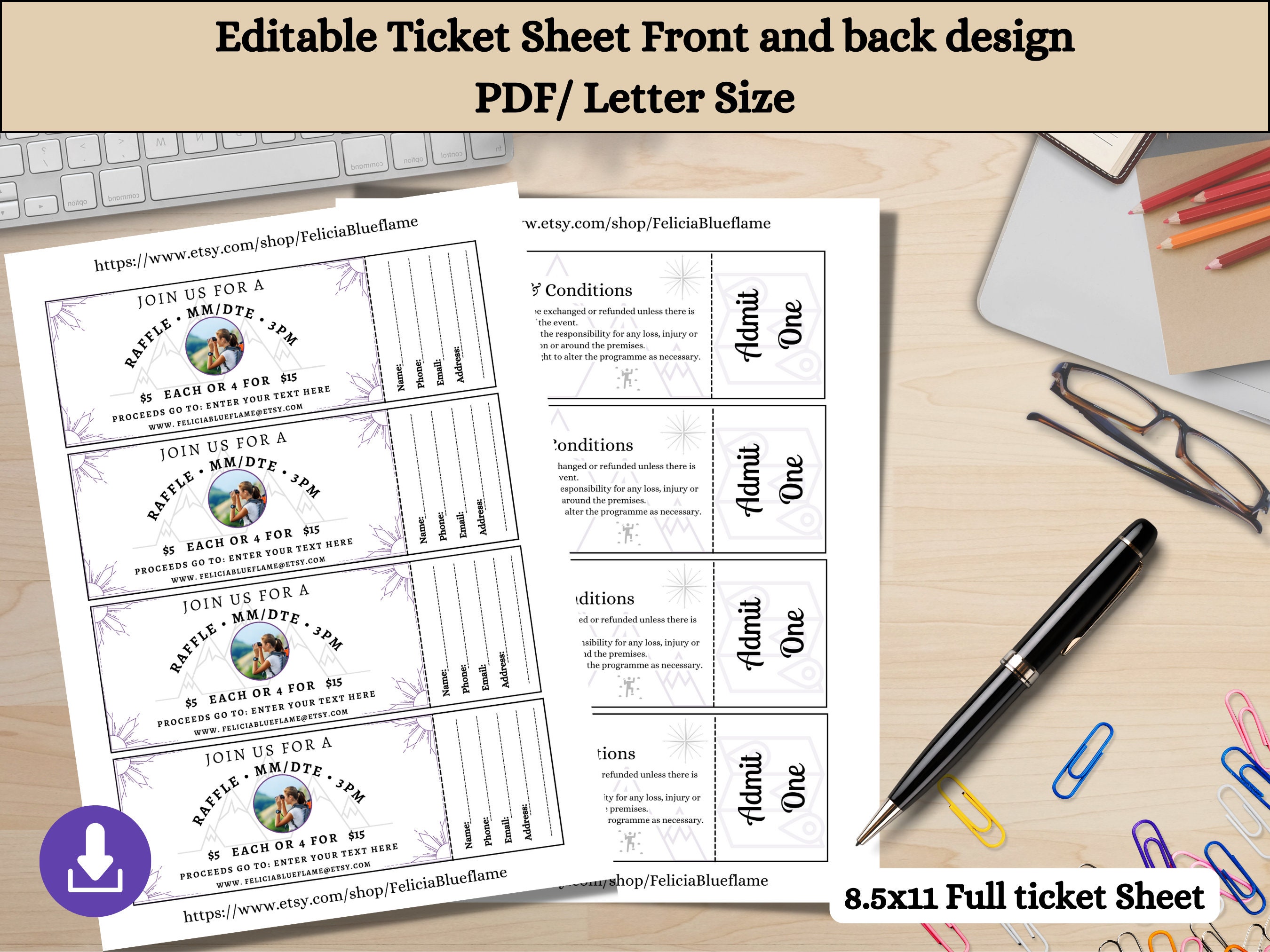 Purple, Black and White Ticket, Adventure Ticket, Blank Raffle Template ...