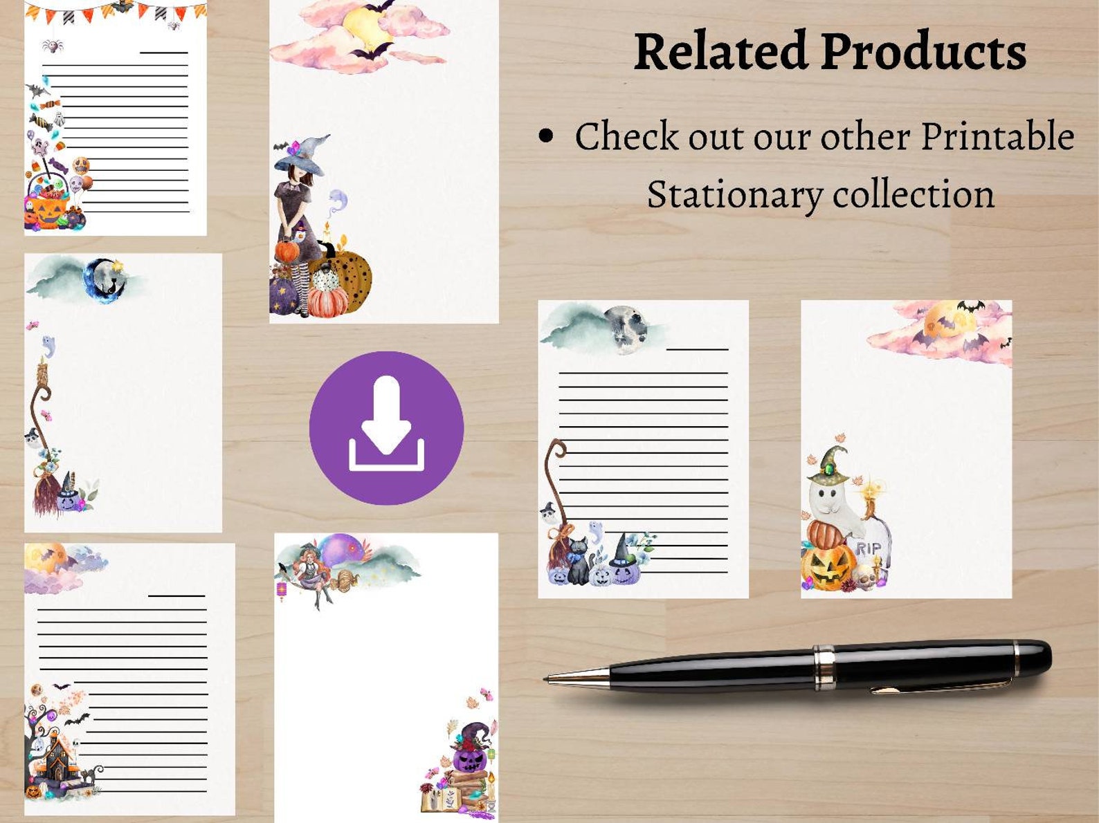Witch Printable Stationery Set, Witch and Pumpkin Watercolor Halloween ...