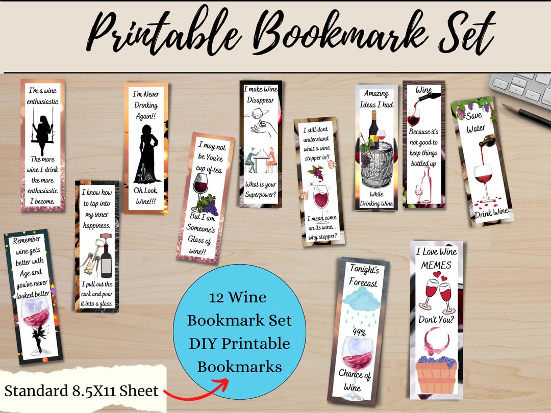 Wine, Printable Bookmarks, Cute Bookmark, Digital Bookmark, 8.5X11 ...