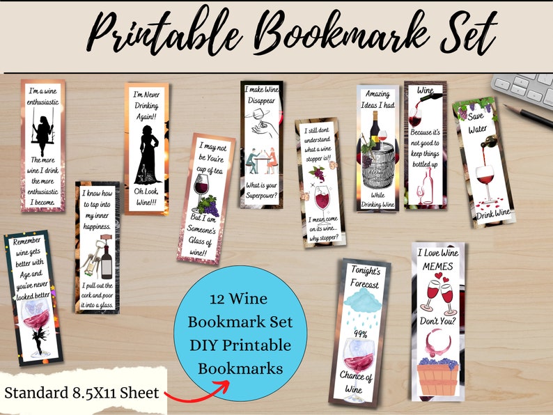 Wine, Printable Bookmarks, Cute Bookmark, Digital Bookmark, 8.5X11 ...