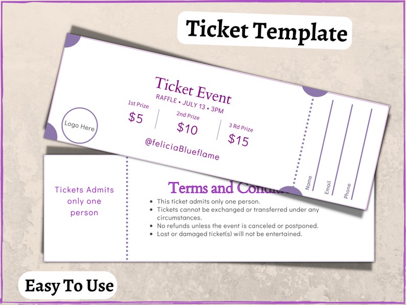 Purple Ticket, Blank Editable Raffle Template Ticket, Diy Ticket ...