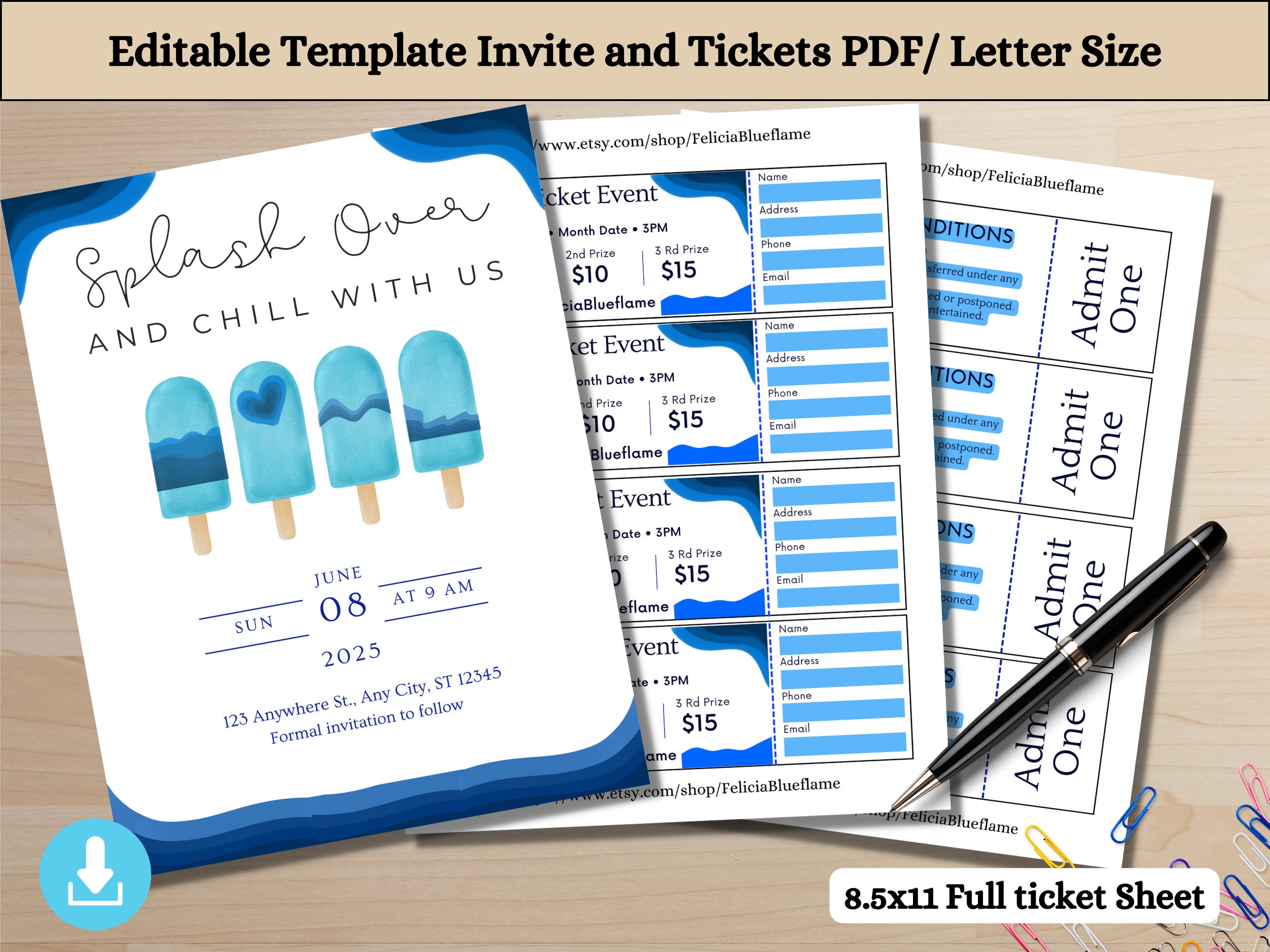 Popsicle Blue Ticket, Blank Editable Raffle Template Ticket, Diy Ticket ...