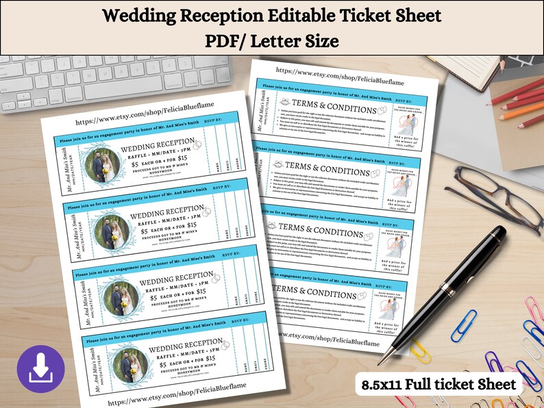 Blue Wedding Ticket, Blank Editable Raffle Template Ticket, Diy Ticket ...