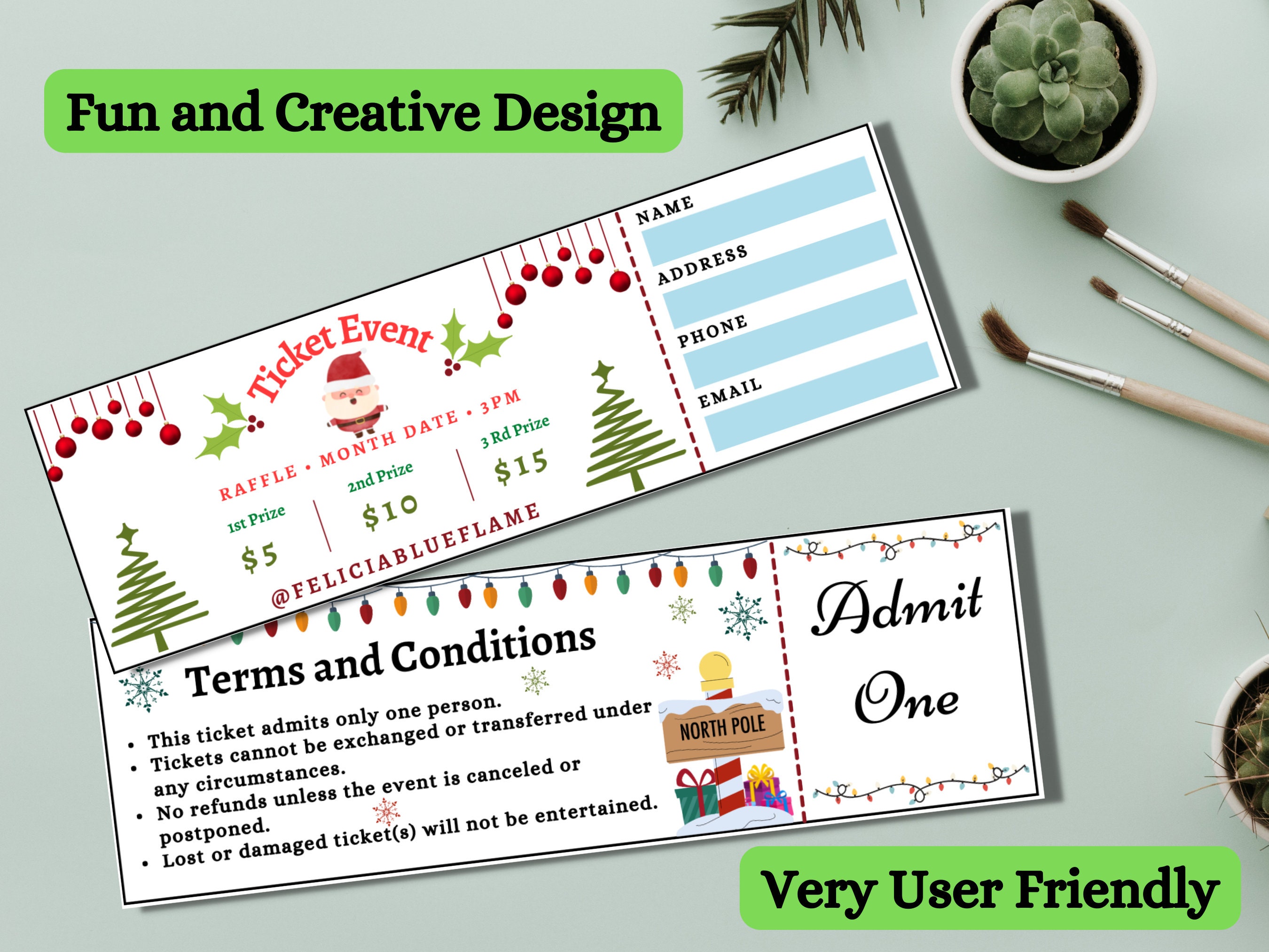 Red, Green and Blue Ticket, Printable Raffle, Editable Template Ticket ...