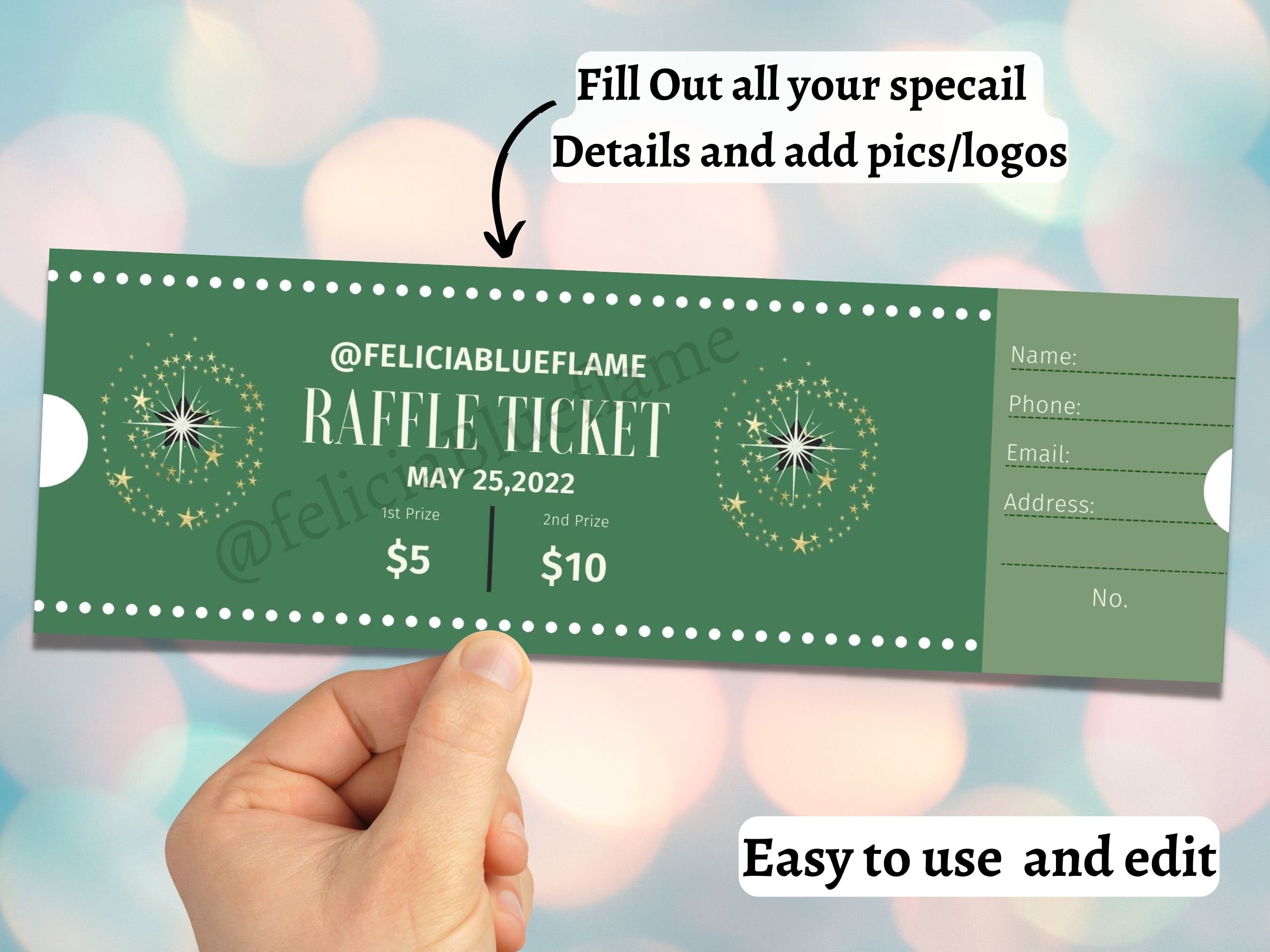 Emerald Green Editable Raffle Ticket Template Diy Ticket Etsy