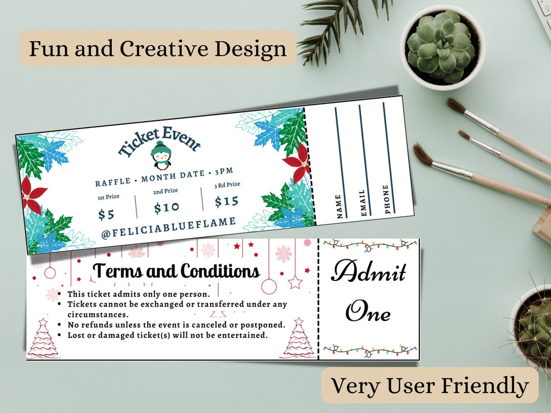 Green and Blue Ticket, Printable Raffle, Editable Template Ticket, Diy ...