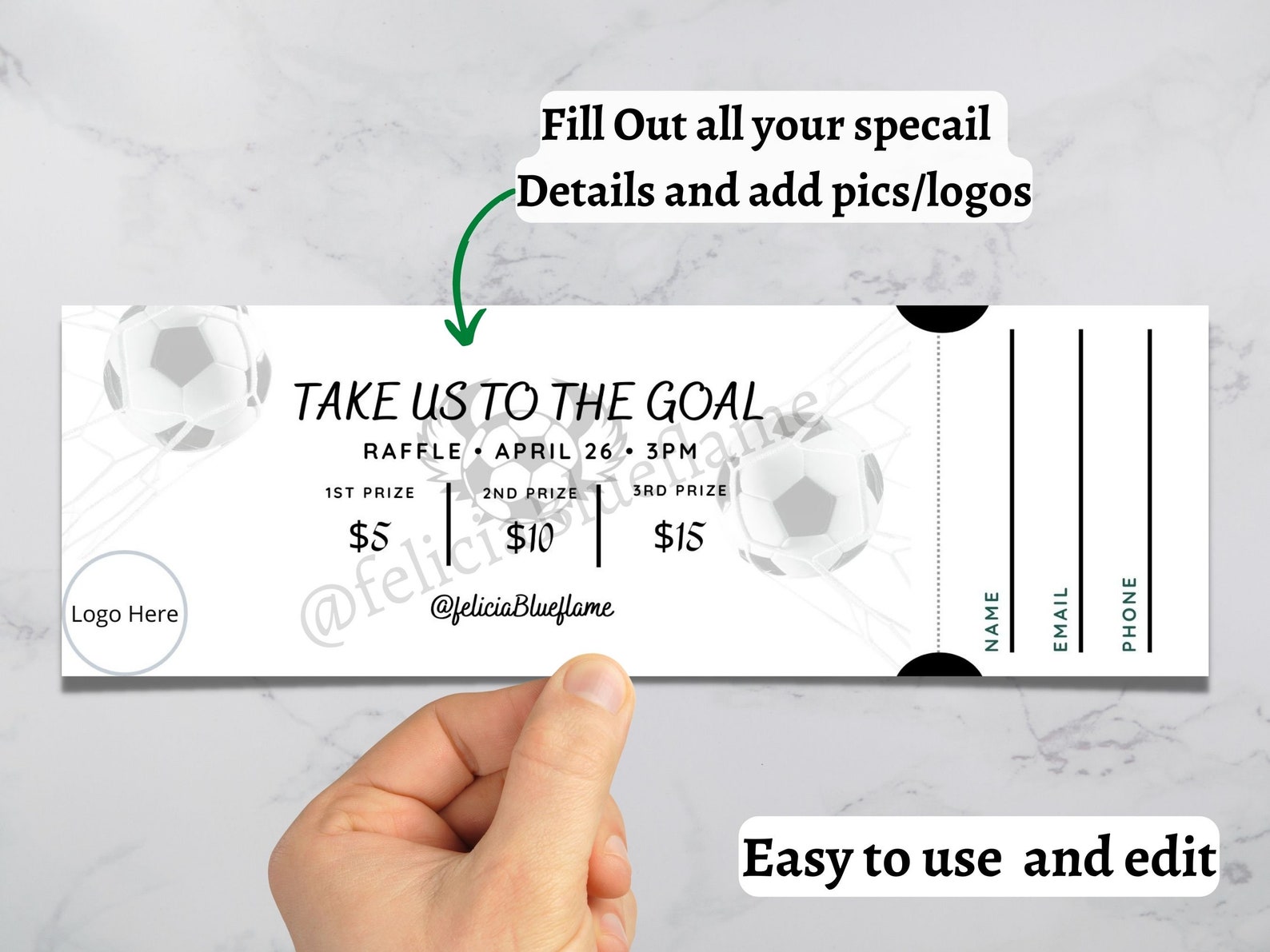 Soccer Ticket, Editable Raffle Template Ticket, Diy Ticket, Custom ...