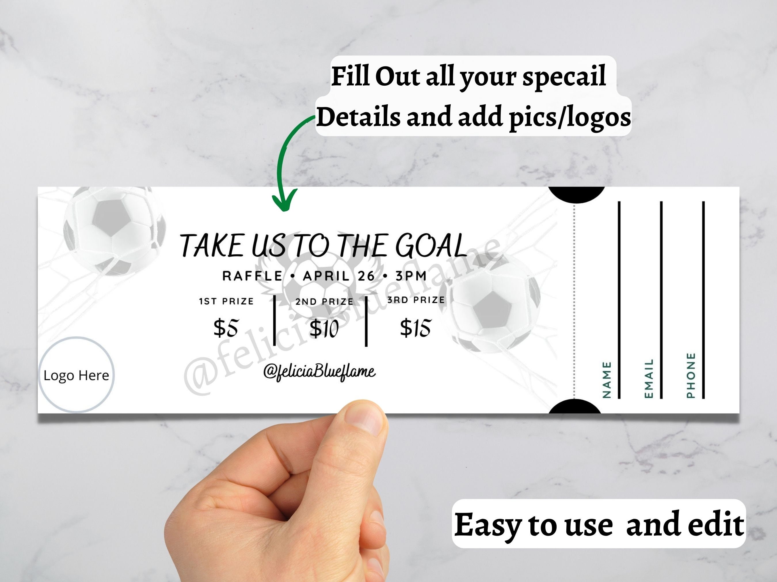 Soccer Ticket, Editable Raffle Template Ticket, Diy Ticket, Custom ...