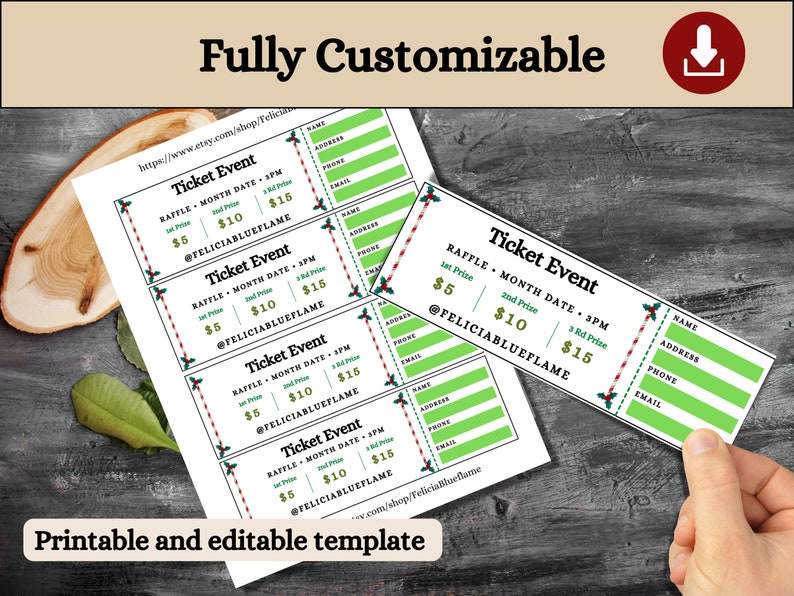 Black, White and Green Ticket, Blank Editable Raffle Template Ticket ...