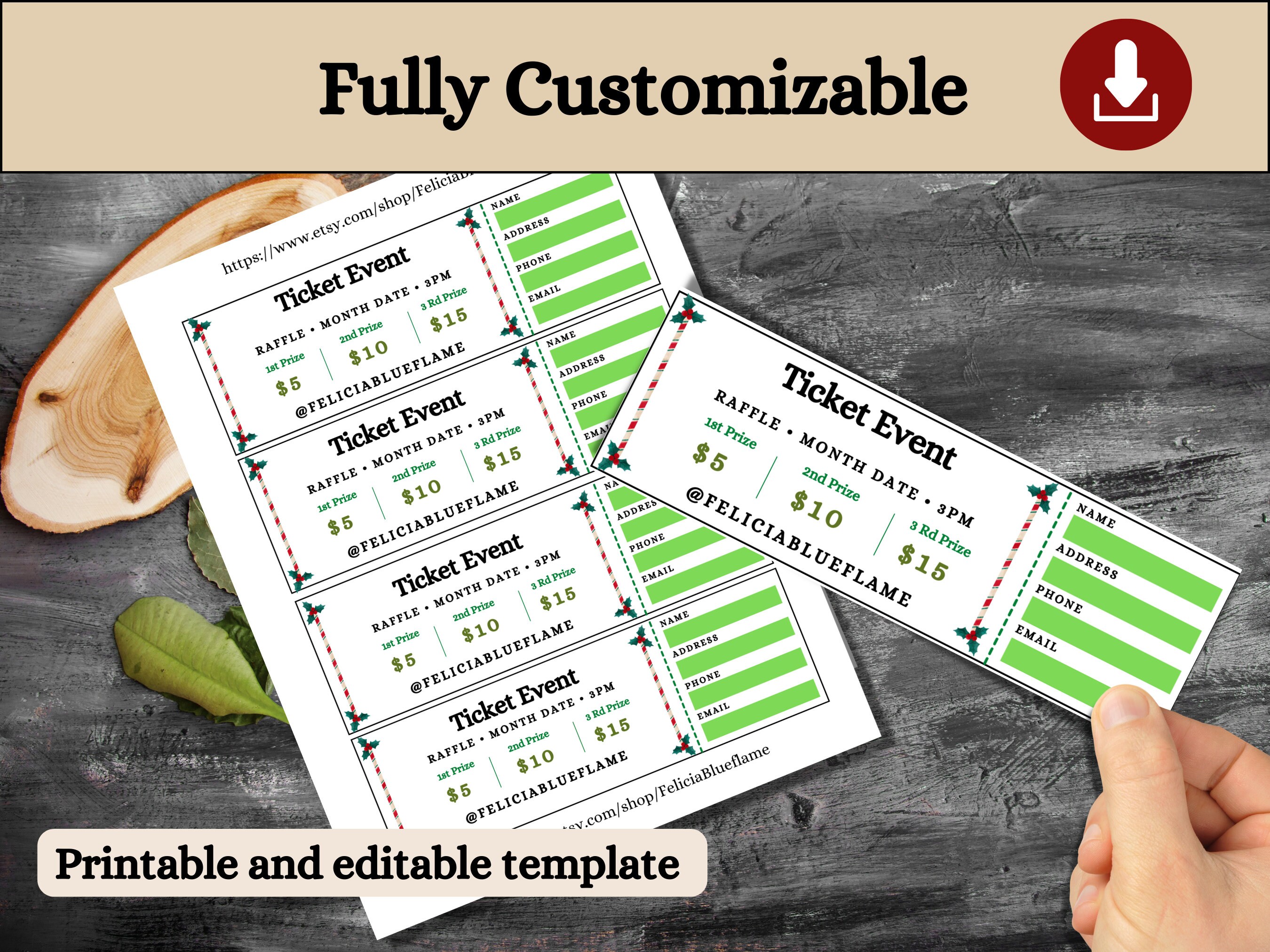 Black, White and Green Ticket, Blank Editable Raffle Template Ticket ...