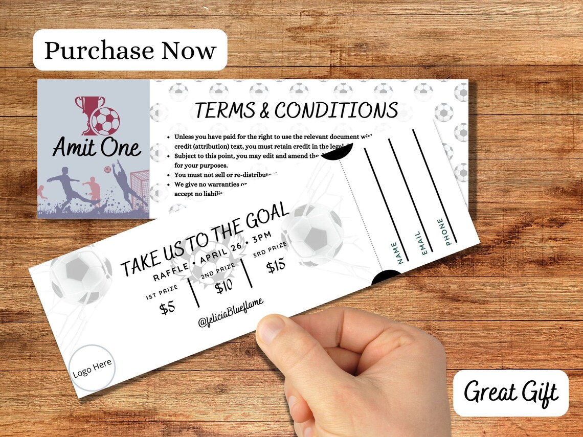 Soccer Ticket, Editable Raffle Template Ticket, Diy Ticket, Custom ...