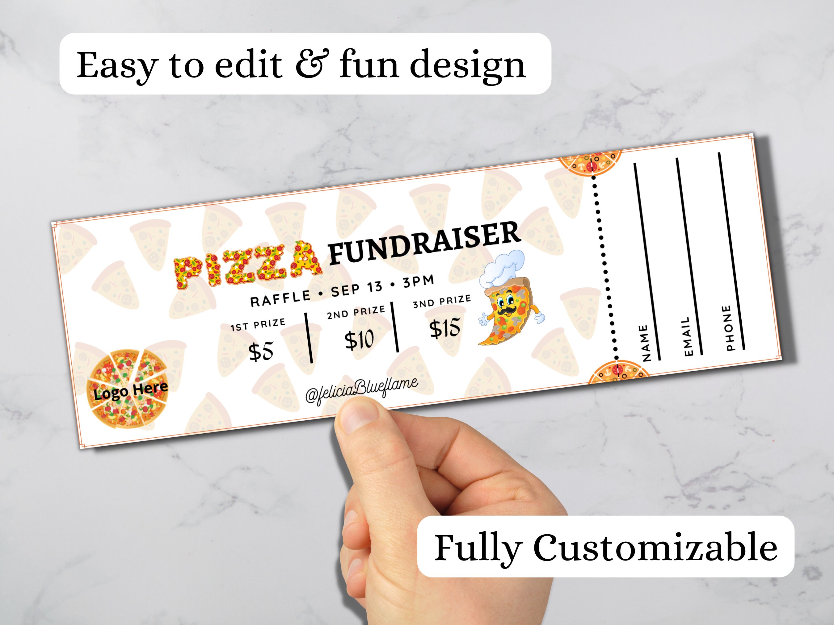 Pizza Fundraiser Raffle Ticket Template, Editable DIY Ticket (digital ...