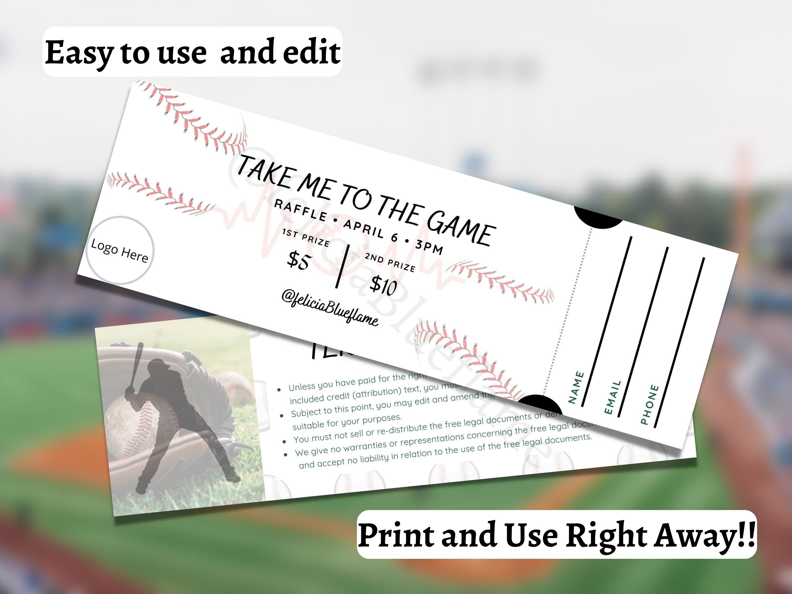 Editable Raffle Template Ticket, Diy Ticket, Custom Ticket, Baseball ...