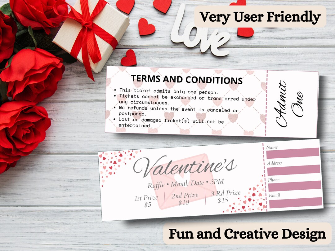 Valentines Party ,blank Raffle Template Ticket, Diy Ticket, Custom ...