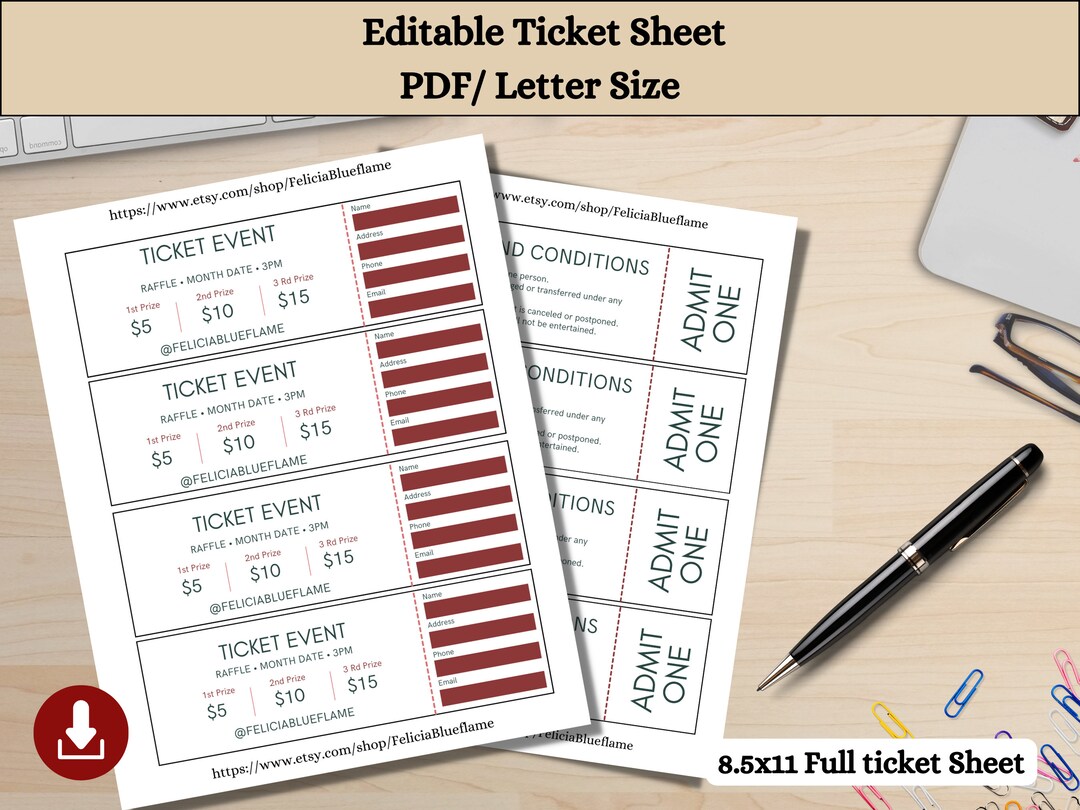 Red and White Ticket Blank Editable Raffle Template Ticket - Etsy