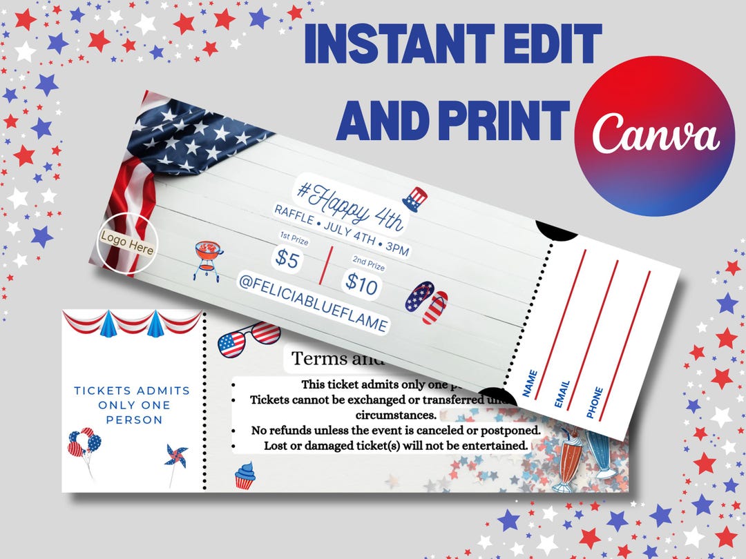 4th of July Raffle Ticket Template: Editable DIY Design (digital ...