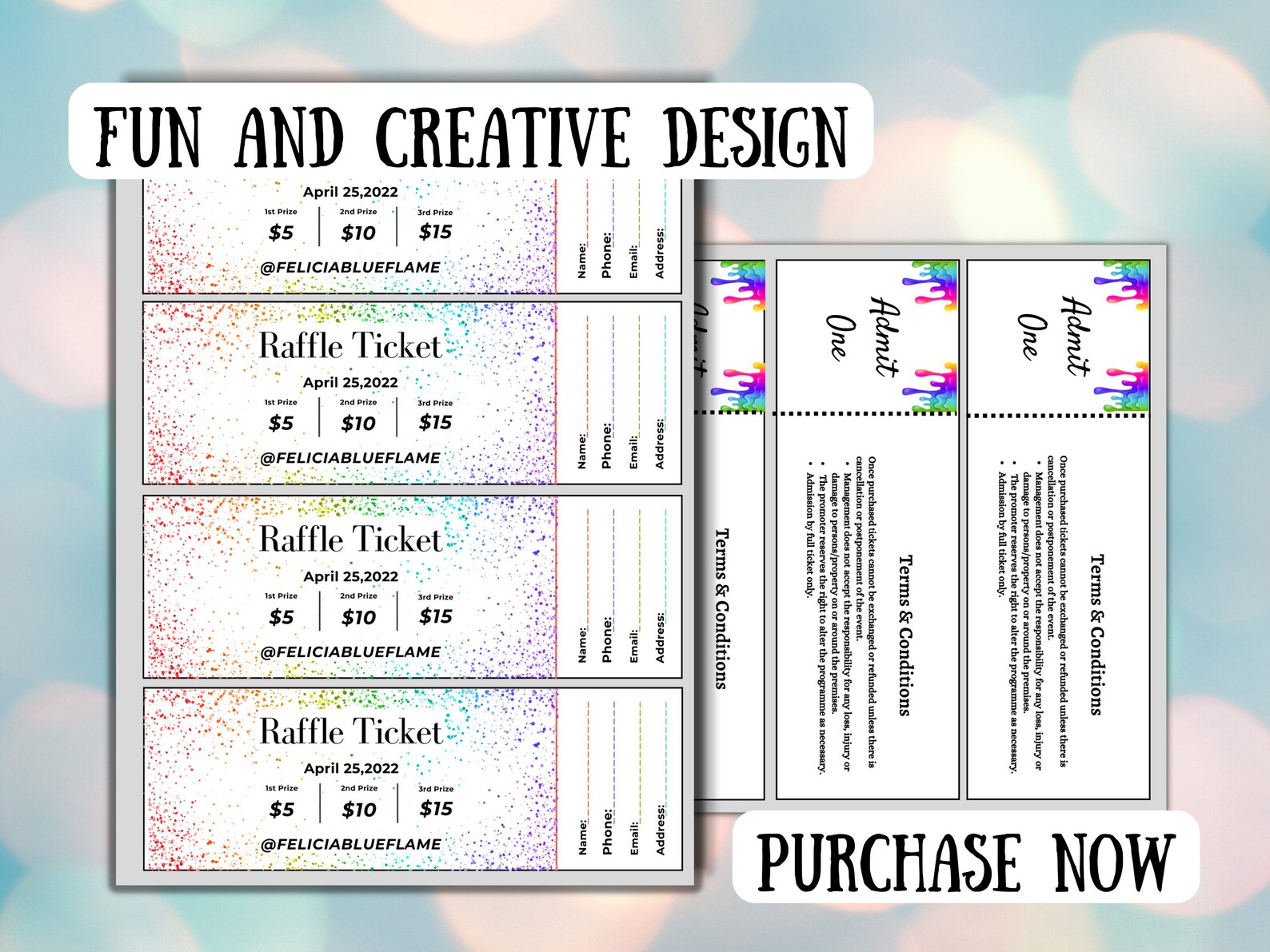 Raffle Sheet Template Ticket, Diy Ticket, Custom Ticket, Rainbow ...
