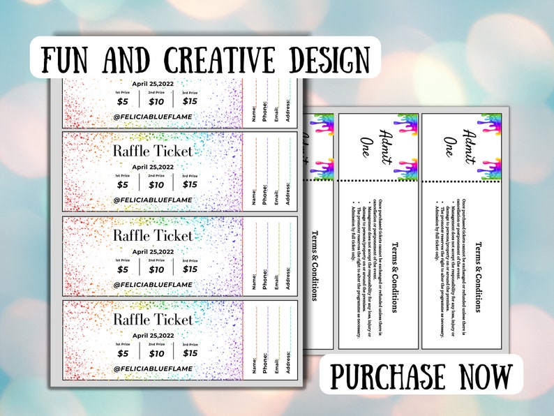 Raffle Sheet Template Ticket, Diy Ticket, Custom Ticket, Rainbow ...