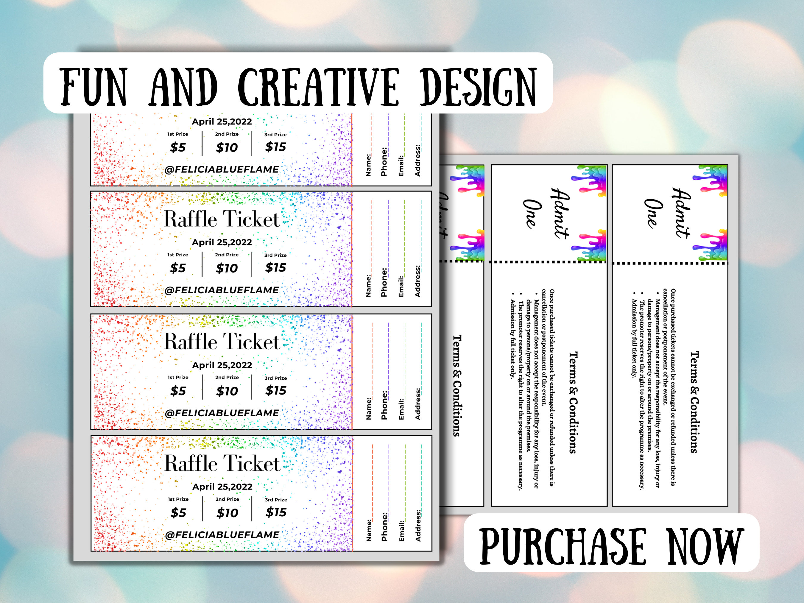 Raffle Sheet Template Ticket, Diy Ticket, Custom Ticket, Rainbow ...