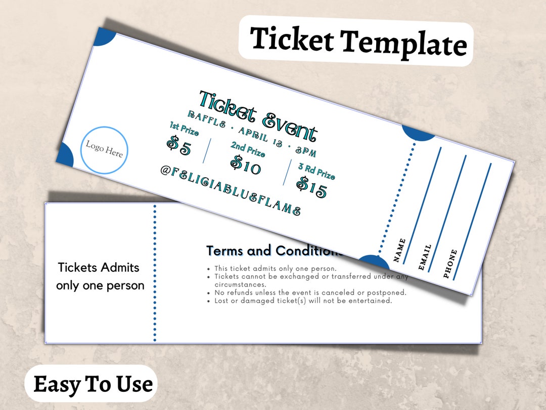 Blue Ticket, Blank Editable Raffle Template Ticket, Diy Ticket, Custom ...
