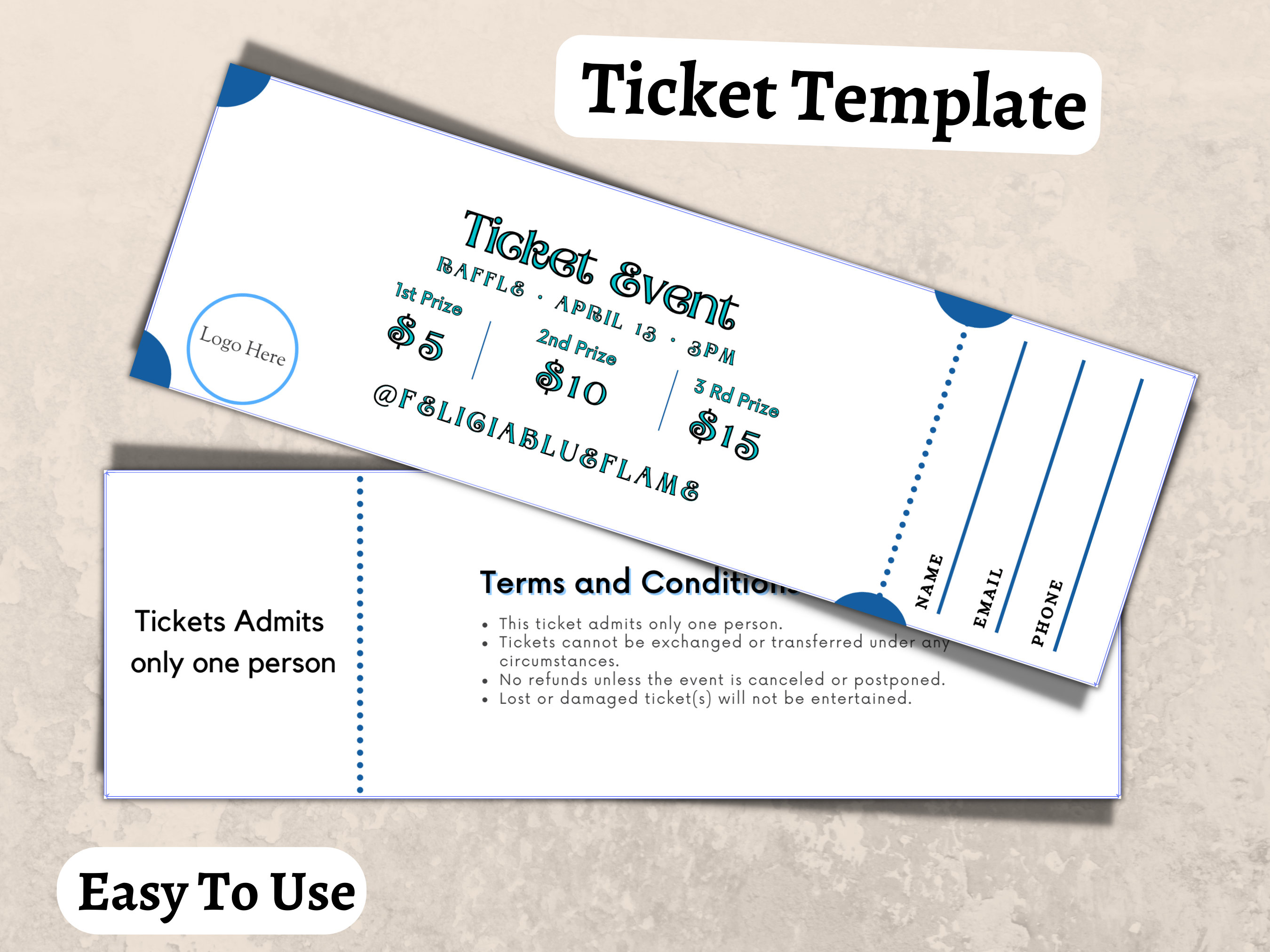 Blue Ticket, Blank Editable Raffle Template Ticket, Diy Ticket, Custom ...