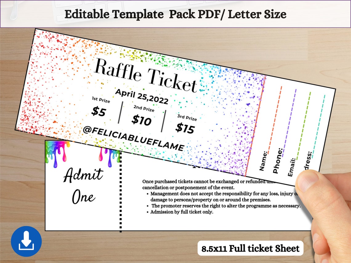Raffle Sheet Template Ticket, Diy Ticket, Custom Ticket, Rainbow ...