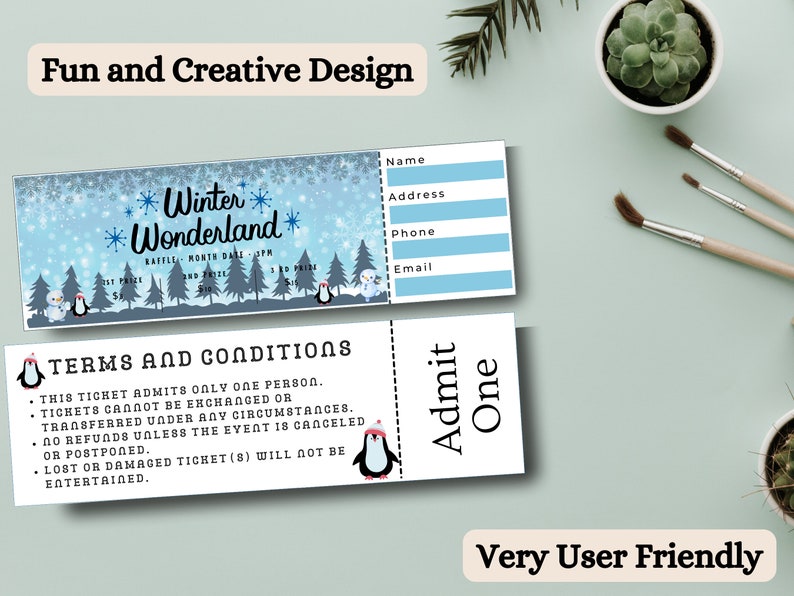 White Christmas Ticket, Printable Sheet , Editable Template, Diy Ticket ...