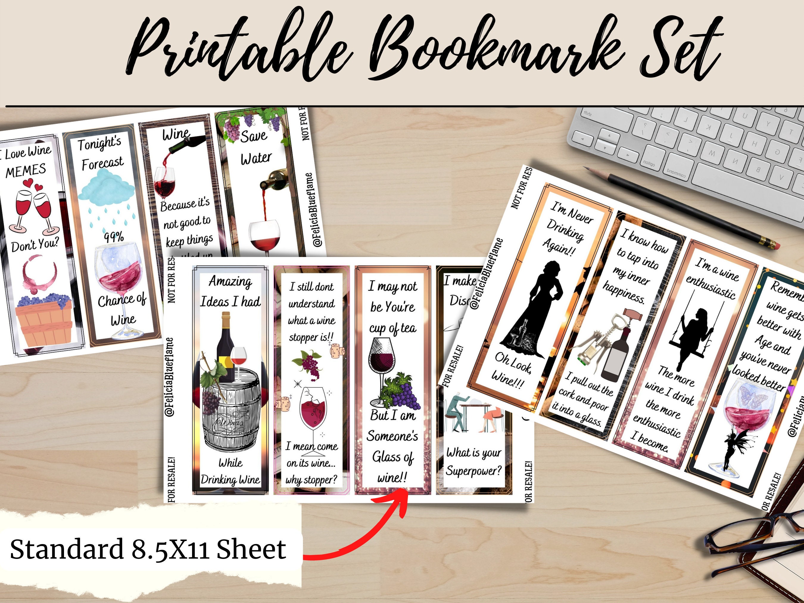 Wine, Printable Bookmarks, Cute Bookmark, Digital Bookmark, 8.5X11 ...