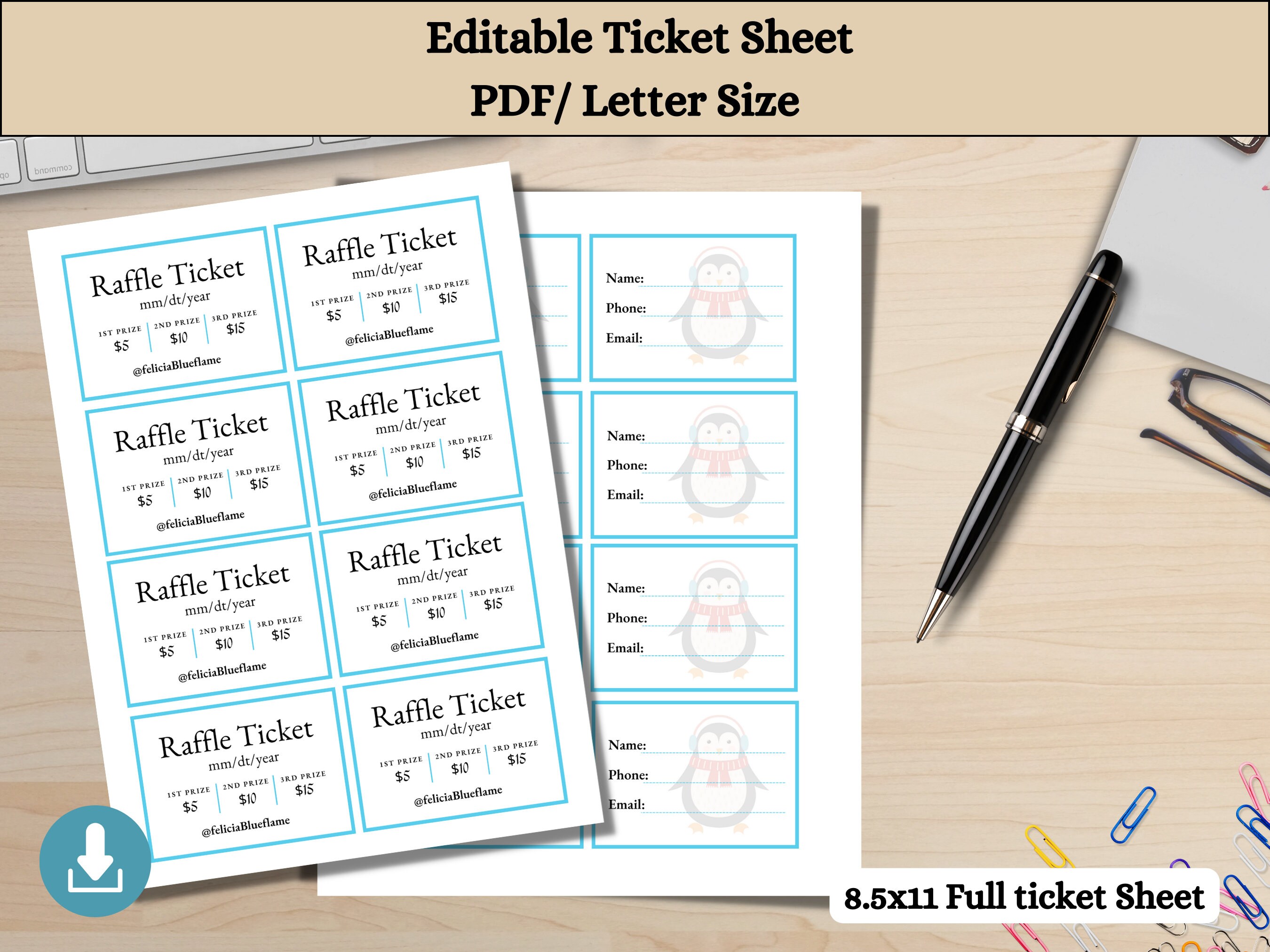 Blue Ticket, Printable Raffle, Editable Raffle Template Ticket, Diy ...
