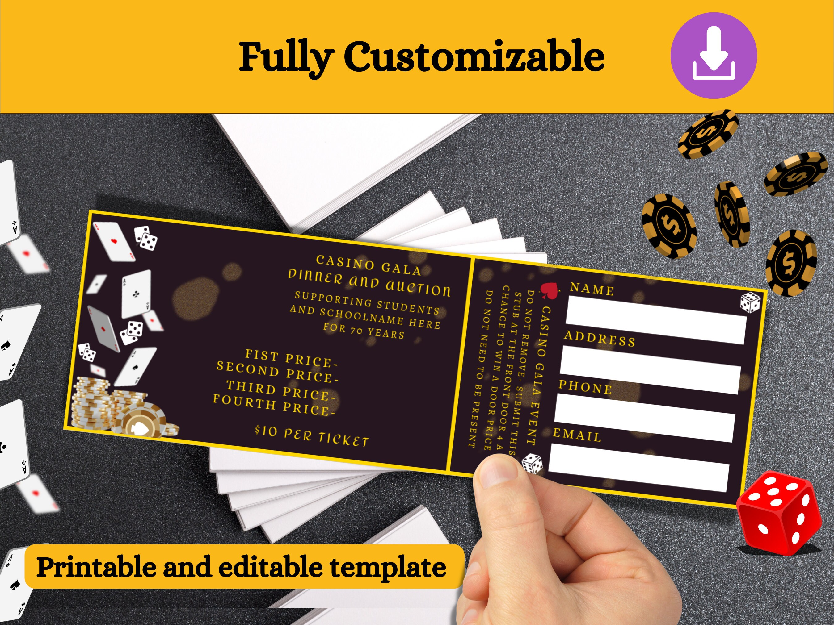 Casino Night Raffle Ticket Template: Gold & Black DIY (digital Download ...