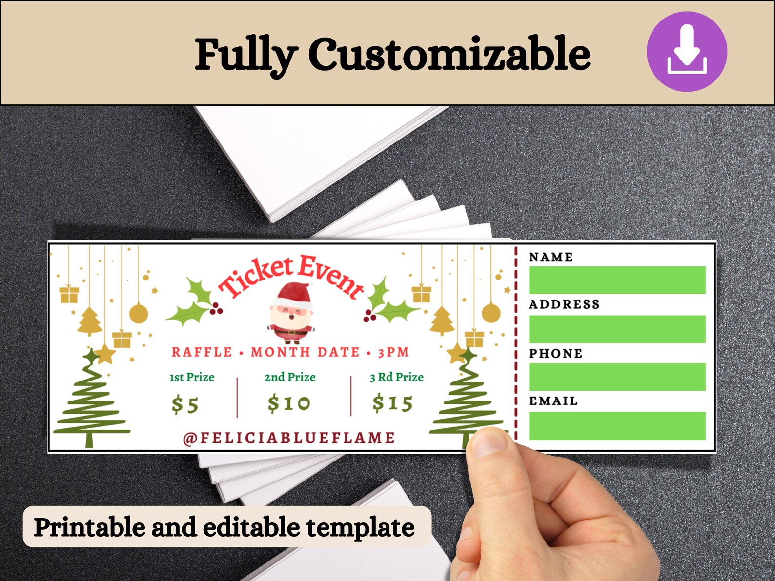 Red, Green and Blue Ticket, Printable Raffle, Editable Template Ticket ...