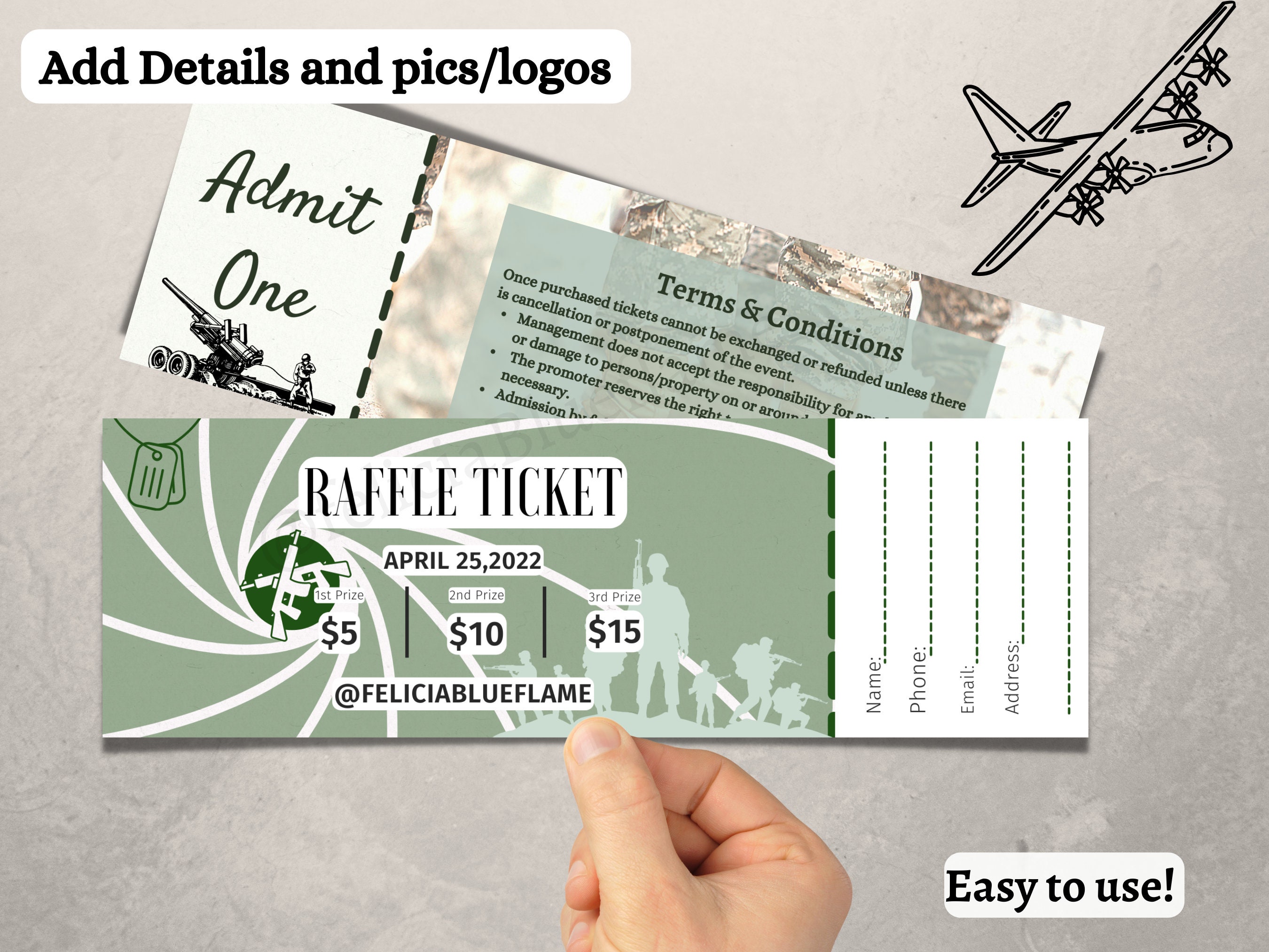 Army Green Ticket, Blank Editable Raffle Template Ticket, Diy Ticket ...