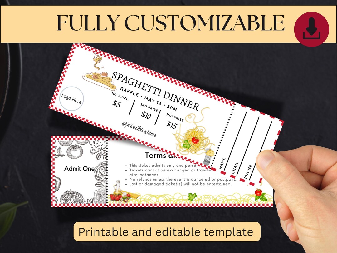 Spaghetti Dinner Raffle Ticket Template: Editable DIY (digital Download ...