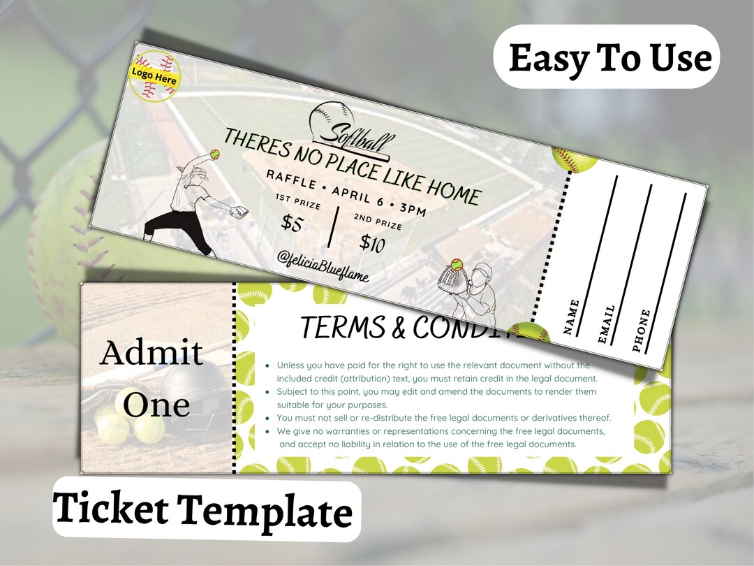 Softball Ticket, Editable Raffle Template Ticket, Diy Ticket, Custom ...