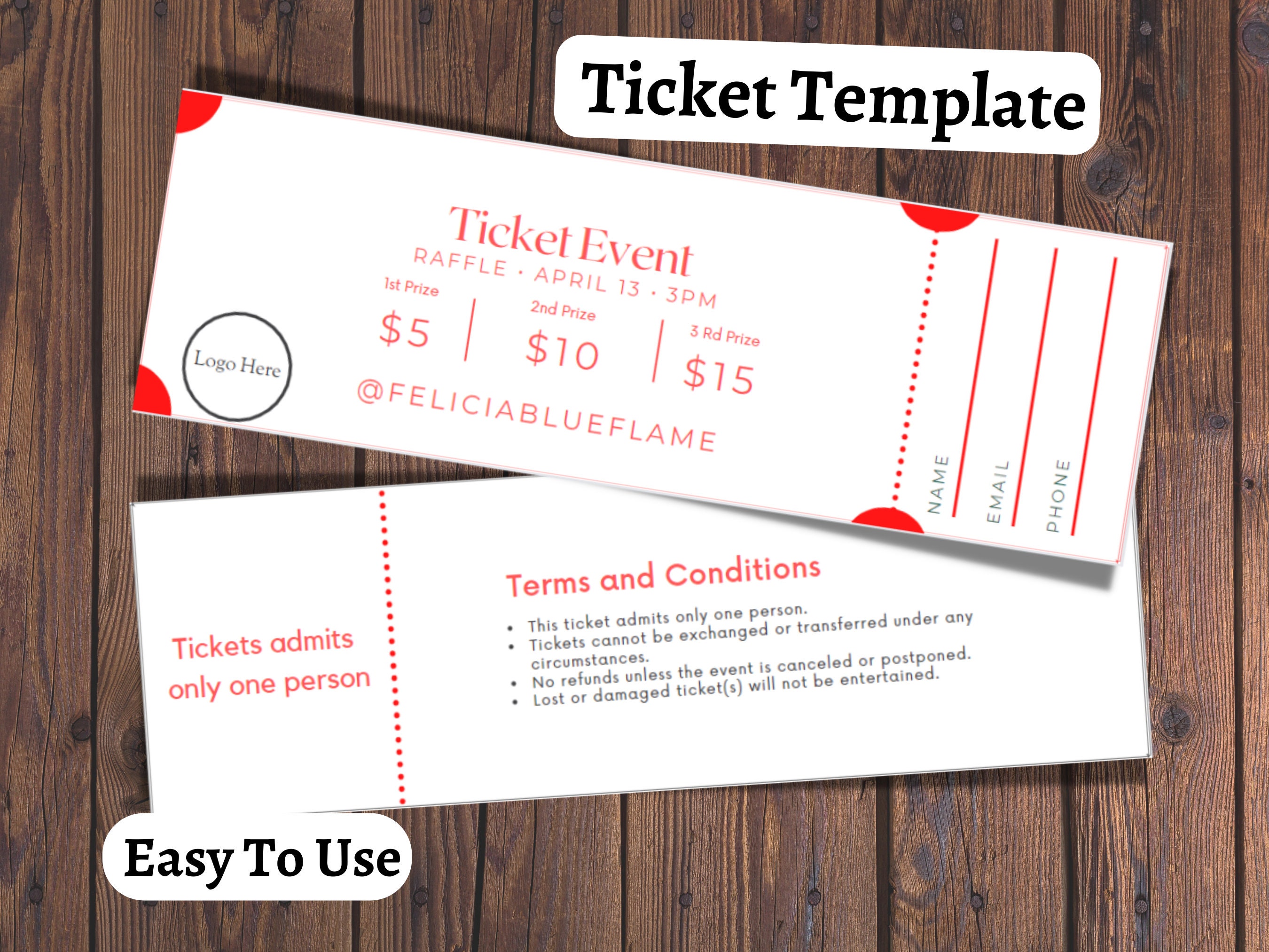 Red Ticket, Blank Editable Raffle Template Ticket, Diy Ticket, Custom ...
