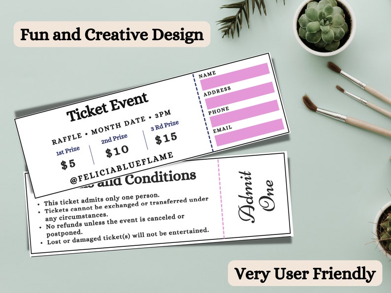 Pink and White Ticket, Blank Editable Raffle Template Ticket, Diy ...