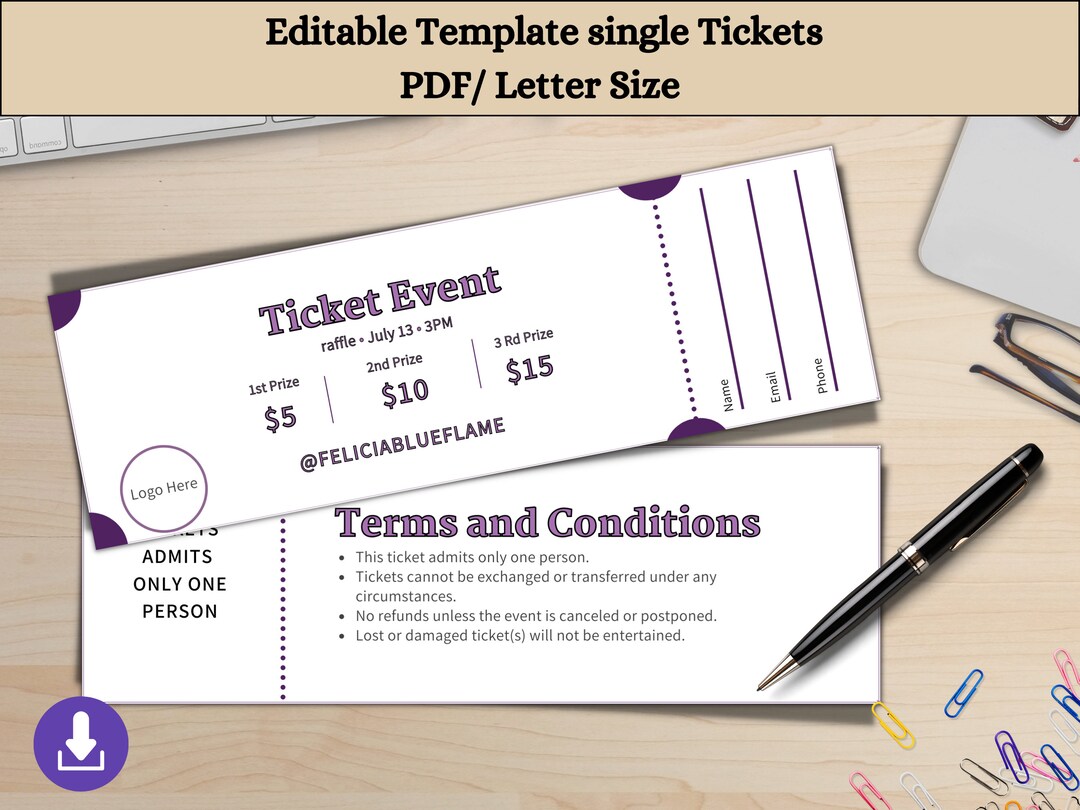 Indigo Ticket Blank Editable Raffle Template Ticket Diy Etsy