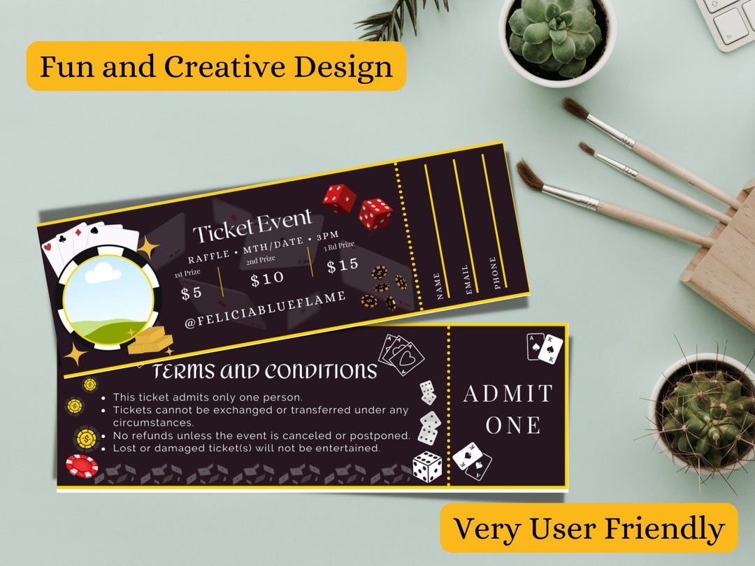 Casino Raffle Ticket Template: Gold and Black DIY Design (digital ...
