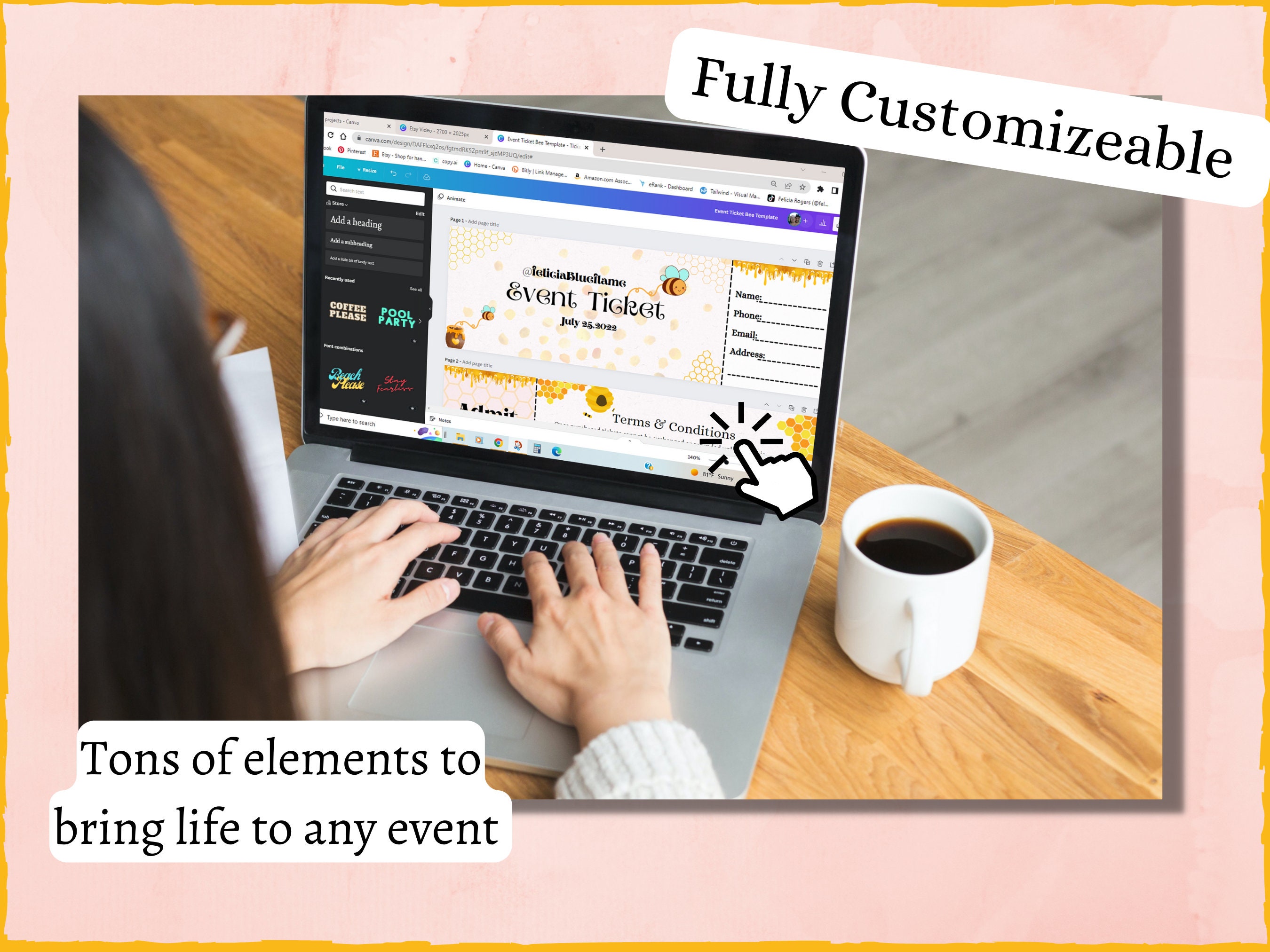 Yellow Ticket, Bee, Editable Raffle Template Ticket, Diy Ticket, Custom ...