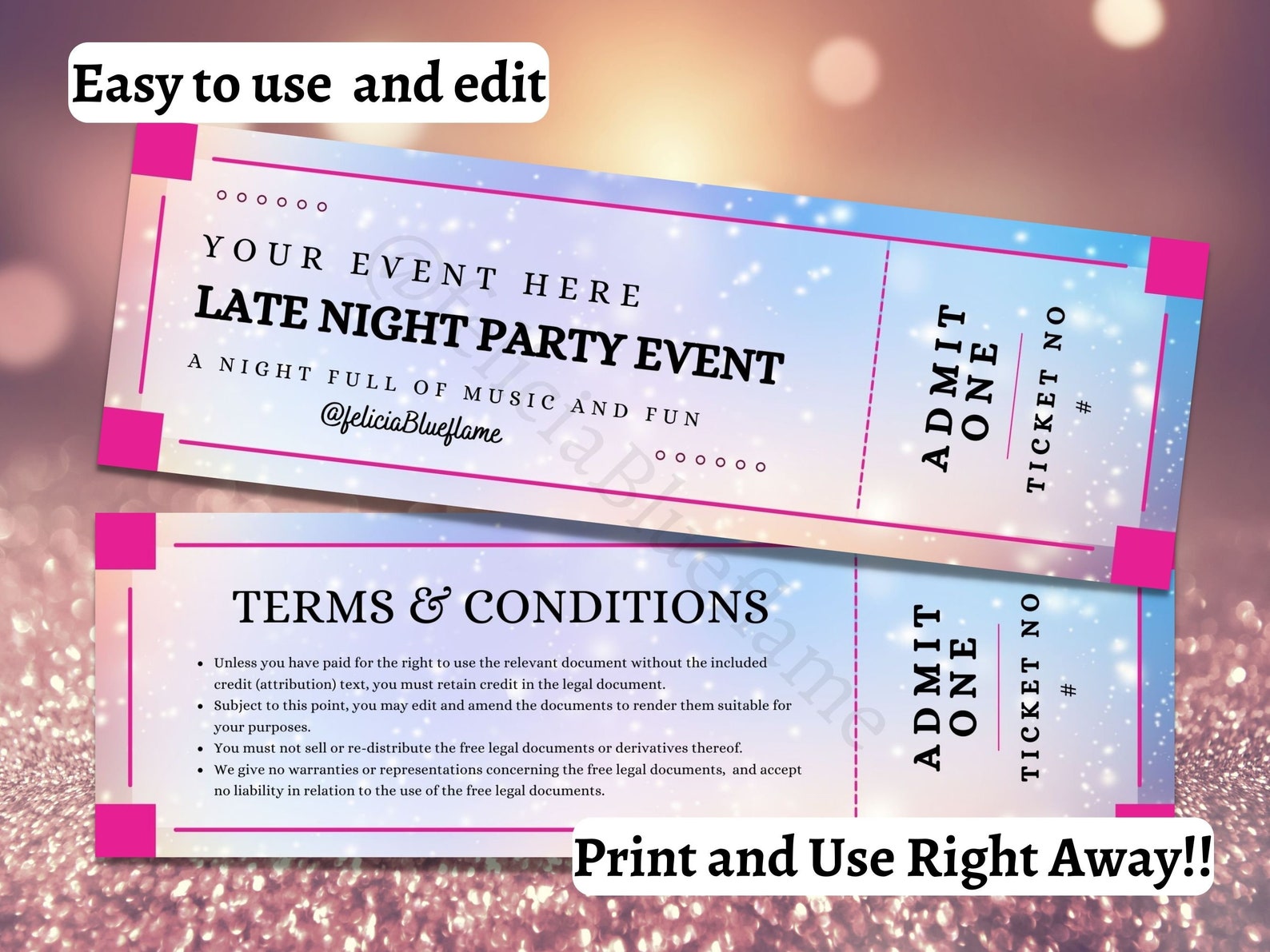 Pink and Blue Ticket, Editable Event Ticket, Raffle Template Ticket ...