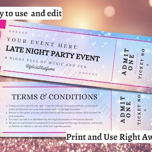 Pink and Blue Ticket, Editable Event Ticket, Raffle Template Ticket ...
