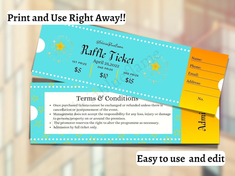 Blue and Gold Ticket Editable Raffle Ticket Template Diy - Etsy Singapore