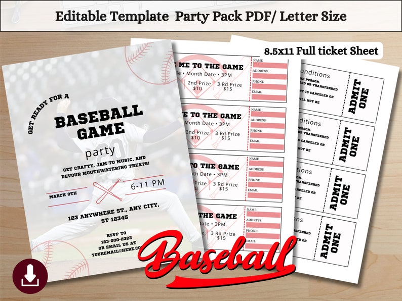 Baseball Raffle Ticket Template: DIY Editable Design (digital Download ...