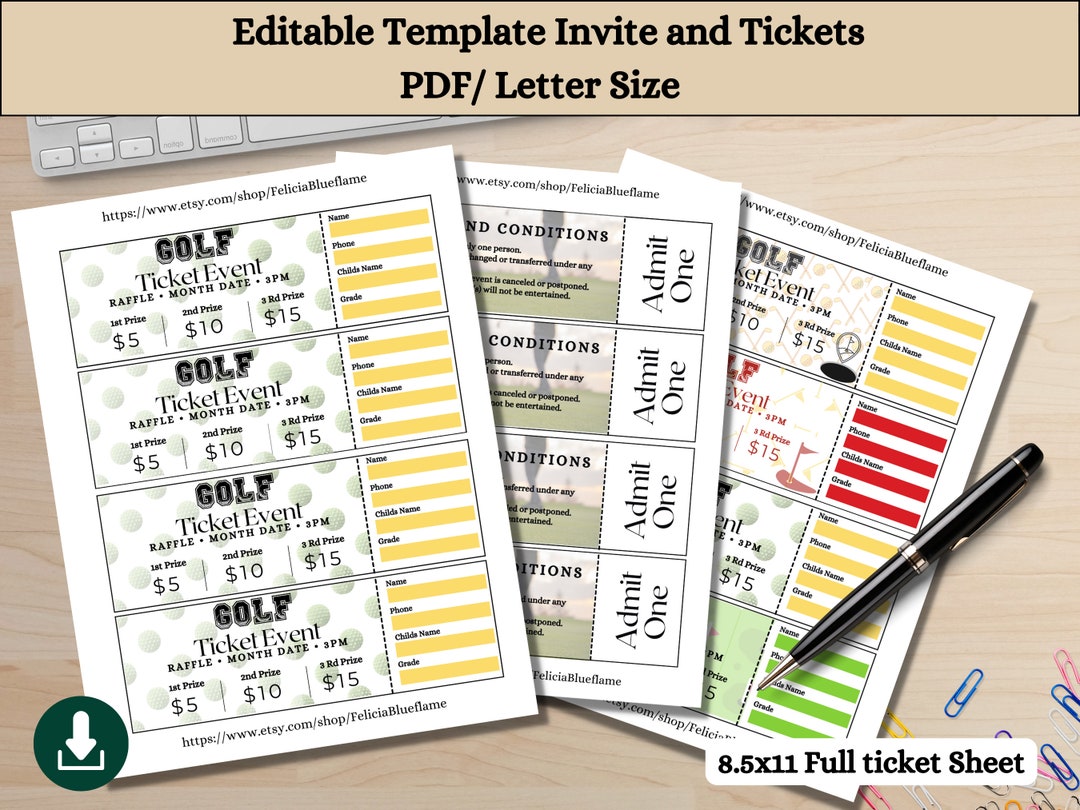 Golf Themed Raffle, Blank Raffle Template Ticket, Diy Ticket, Custom ...