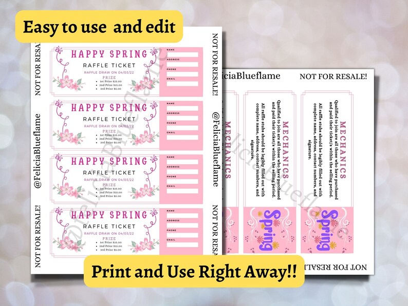 Editable Ticket Template, Spring Raffle, Raffle Ticket Template, 4 Set ...