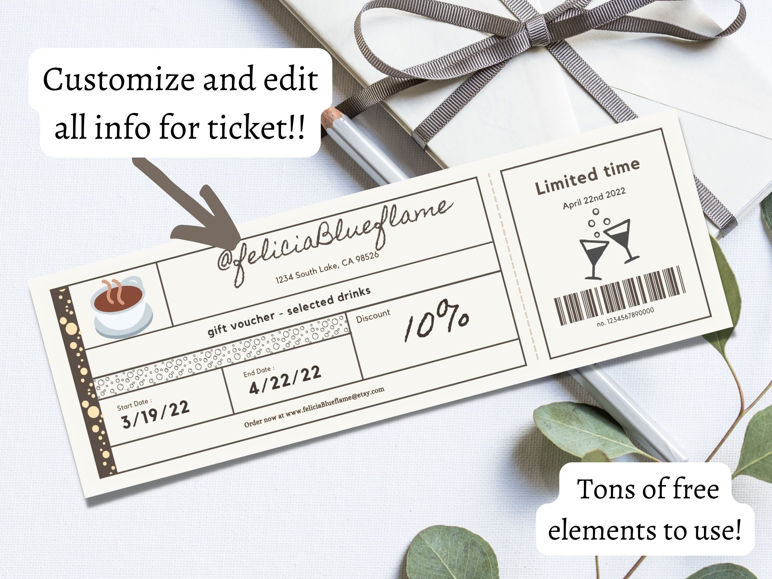 Brown and White Ticket, Editable Ticket Template, Shop Ticket, Custom ...